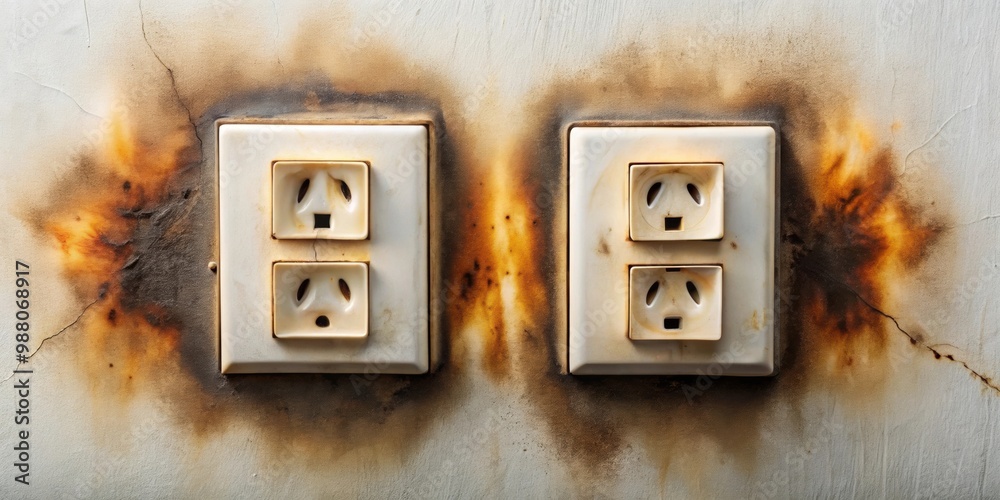 Burnt electrical wall outlets with visible scorch marks , fire hazard ...