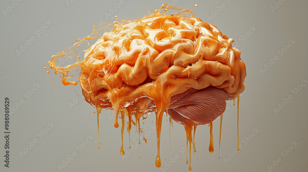 Melting Mind: A human brain, crafted from vibrant orange goo, melts ...