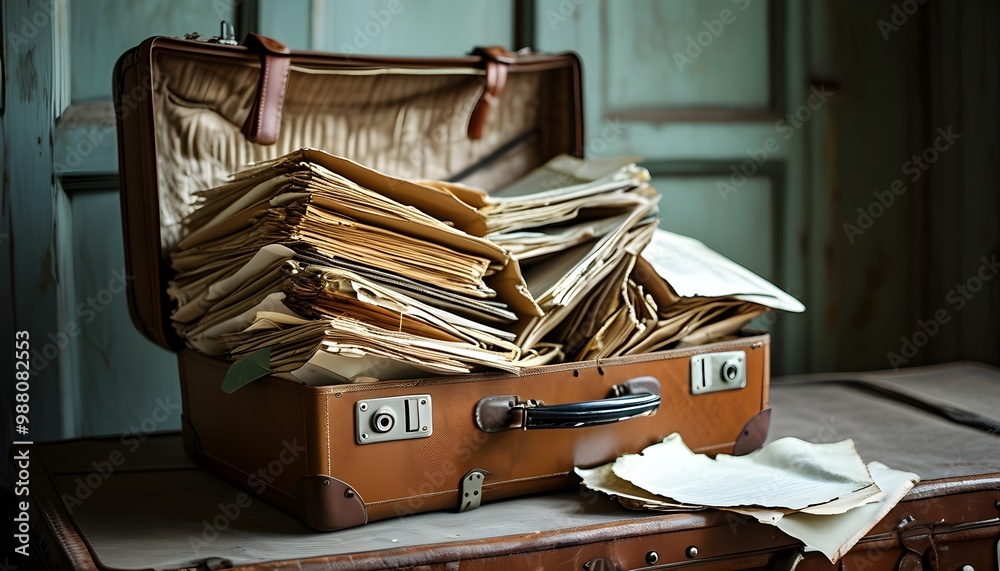 Nostalgic vintage suitcase open to reveal a stack of old, worn papers ...