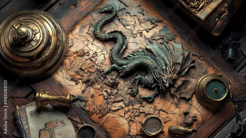 A detailed map featuring a dragon sculpture, evoking adventure and ...