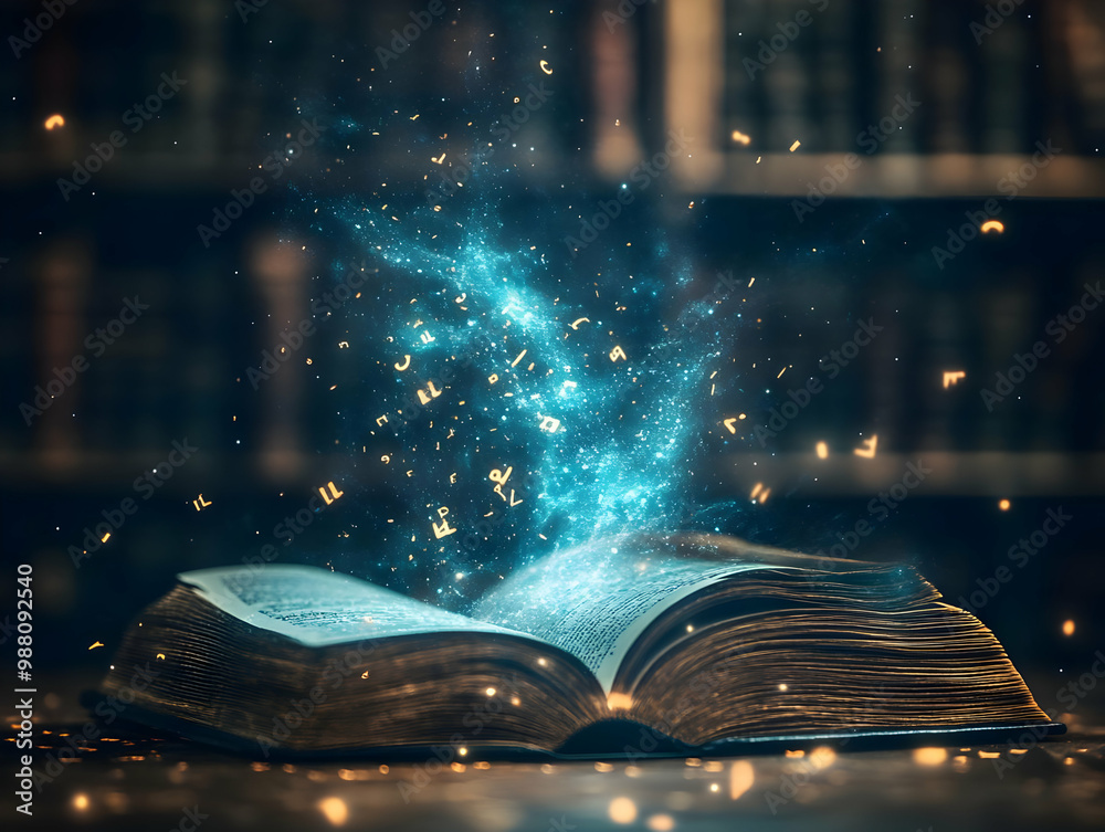 An enchanting open book releasing magical light and symbols in a dimly ...