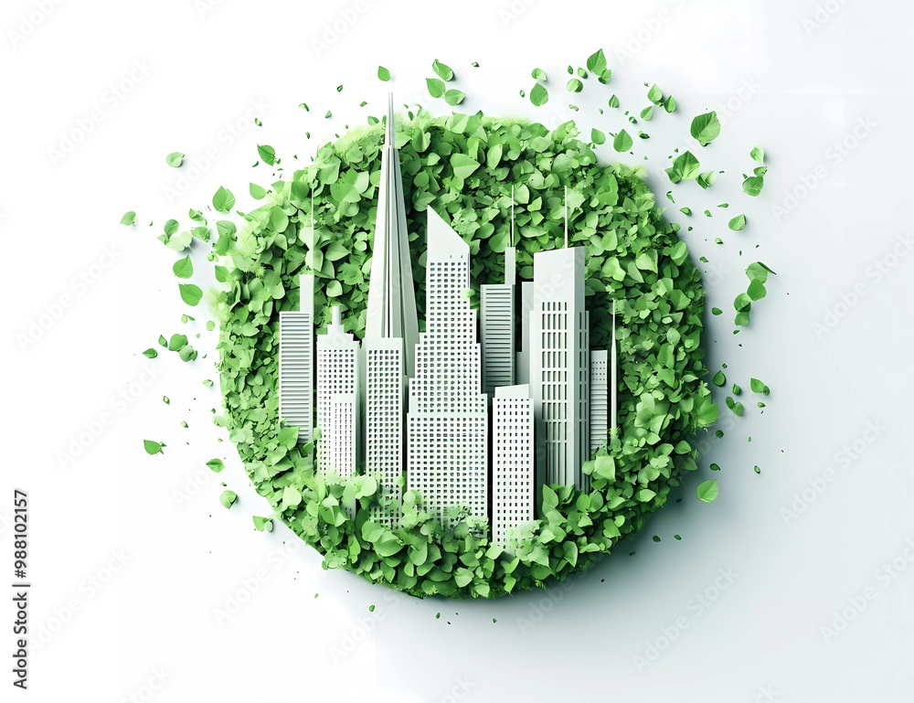 Green building concept with green leaves on city buildings and energy ...