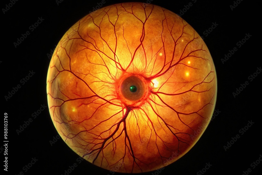 A detailed image of the fundus displays the optic nerve, macula, and ...