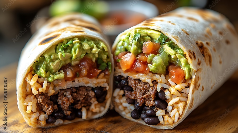 A burrito cut in half to reveal layers of seasoned beef, Mexican rice ...