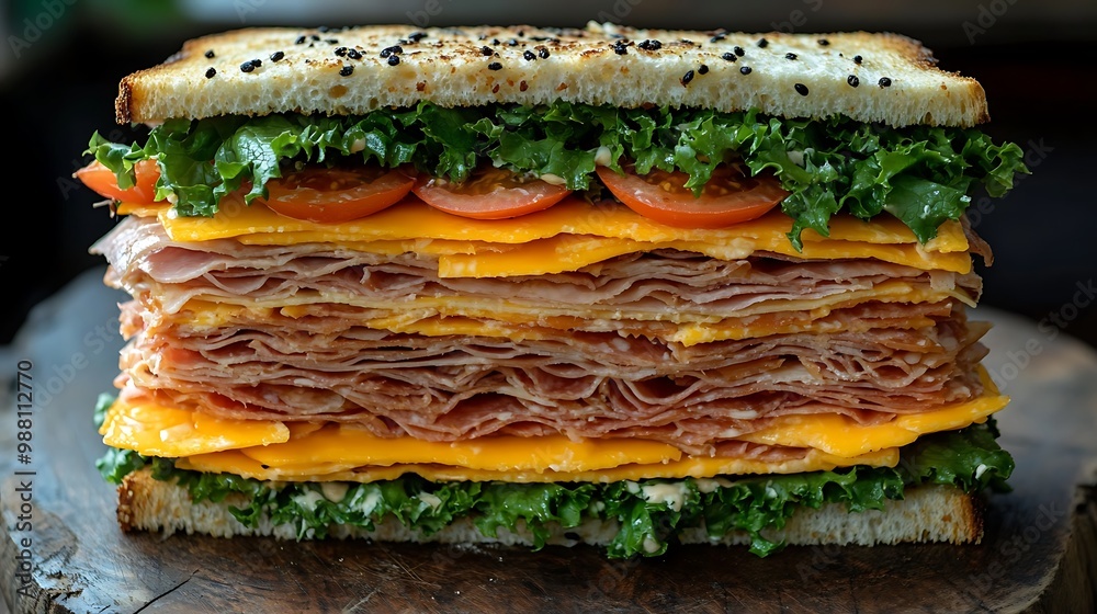 A colossal sandwich tower with layers of deli meats, cheddar, lettuce ...