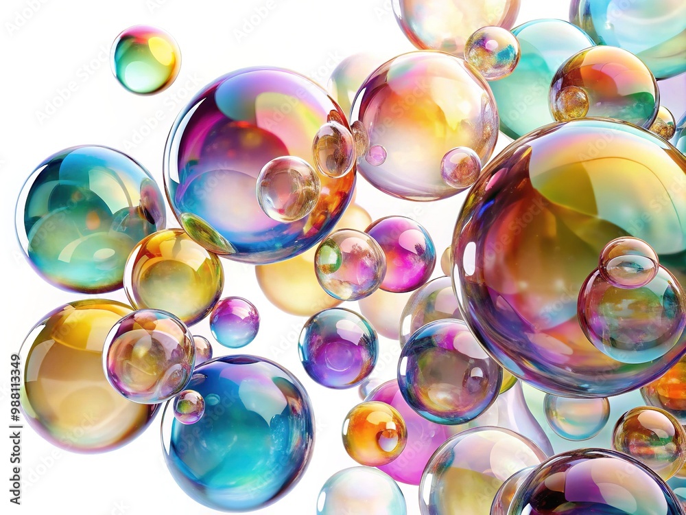 Colorful translucent bubbles in various sizes and shapes float in mid ...
