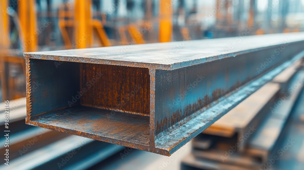 Close-up of a steel beam being lifted by a crane in a construction site ...