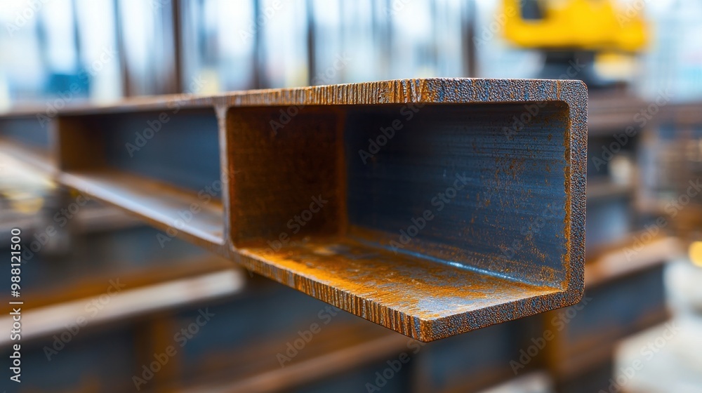 Close-up of a steel beam being lifted by a crane in a construction site ...