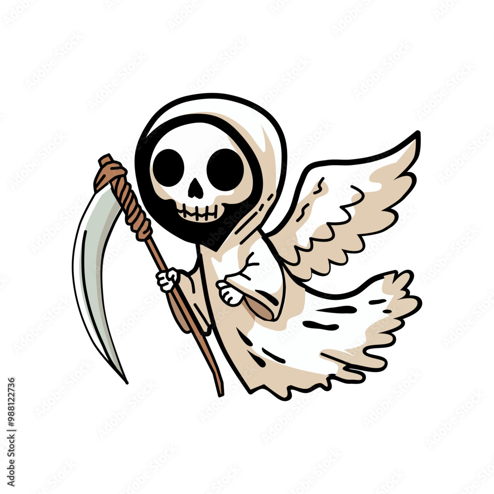Cartoon style illustration of the Grim Reaper with a cute design having ...