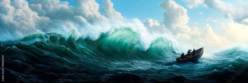 A small boat with sailors faces a massive, powerful rogue wave in the ...