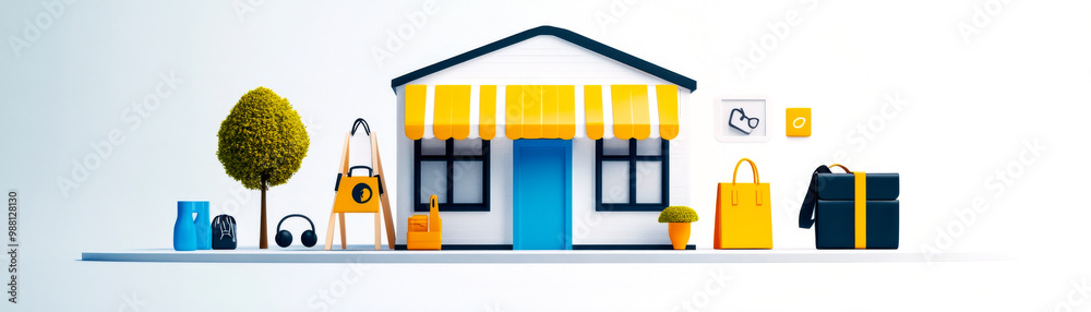 Vibrant storefront illustration featuring various shopping items and a ...