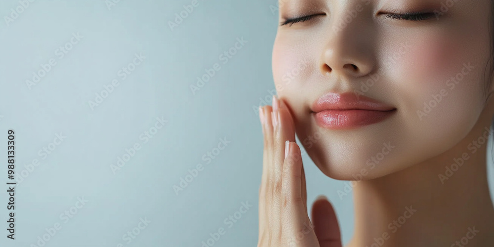 serene close up of womans face, showcasing her smooth skin and gentle ...