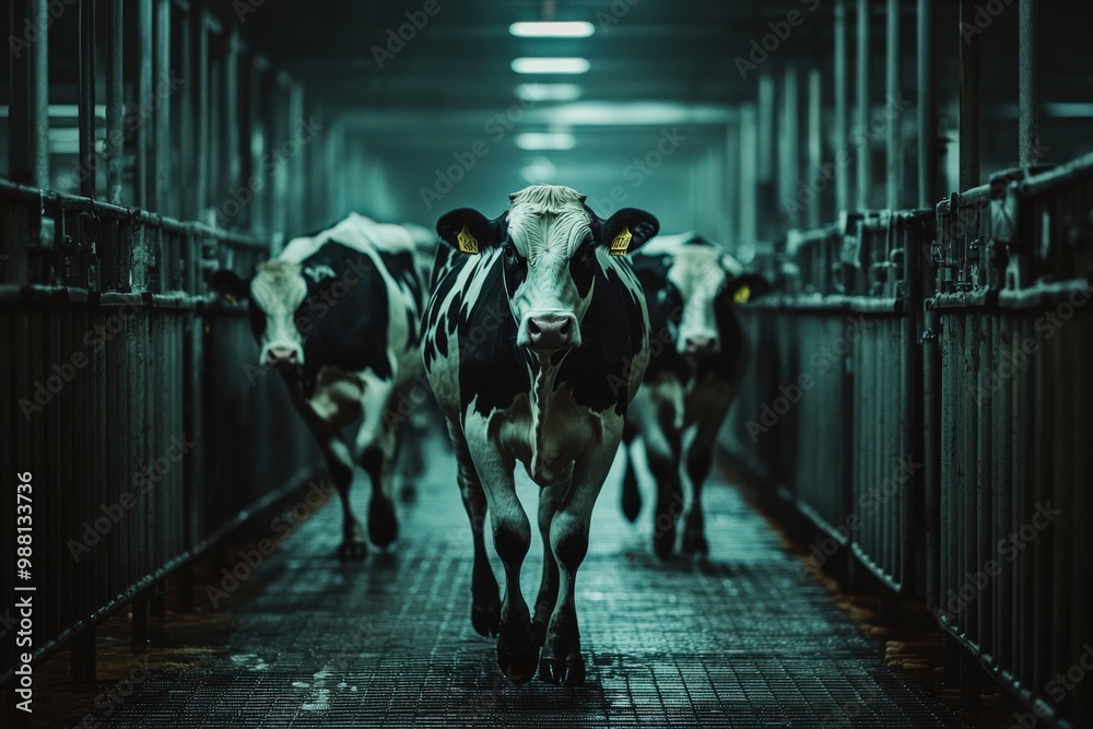 A row of cows being led down a metal corridor inside a modern ...