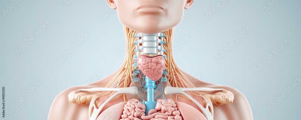 Anatomical illustration of human neck and chest with detailed organs ...