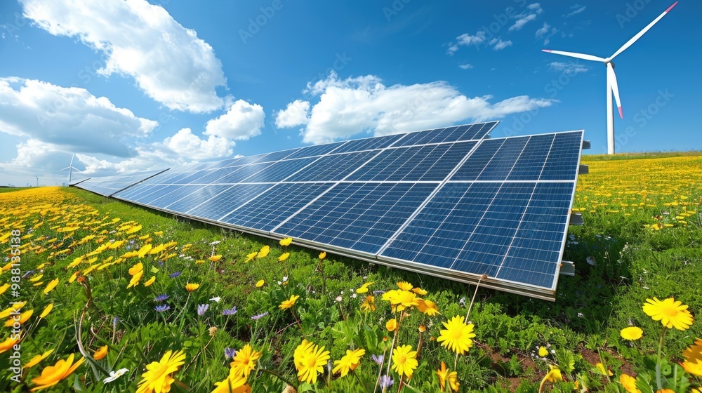 solar power green renewable energy at solar farm. solar panels power ...