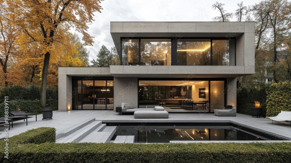 Cube-shaped home with polished concrete facade, glass panels, and a ...