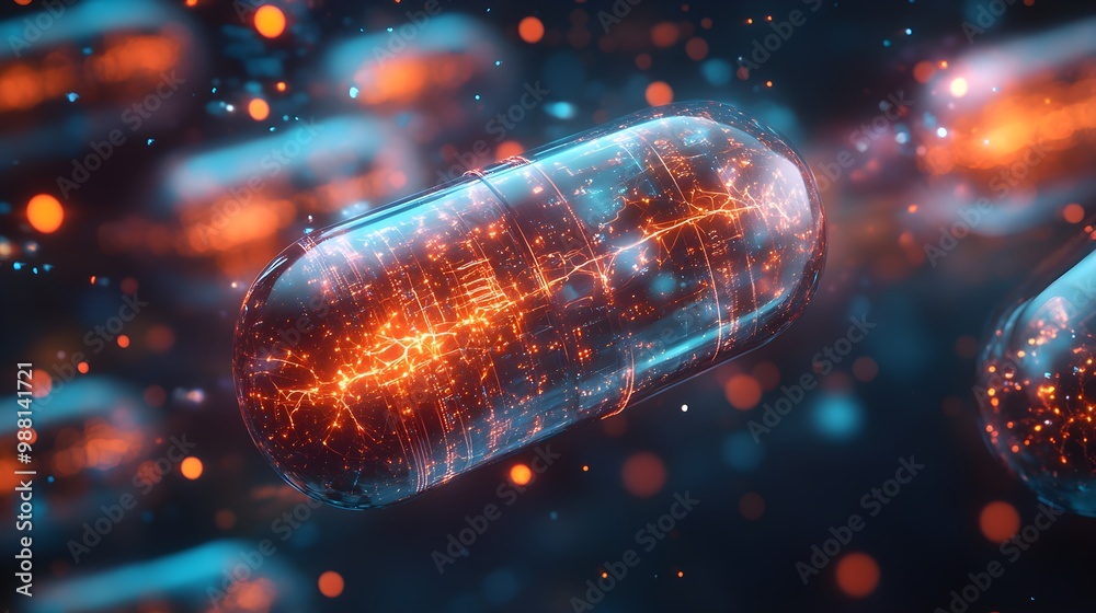 Floating medical capsules illuminated in vibrant blue and orange, with ...