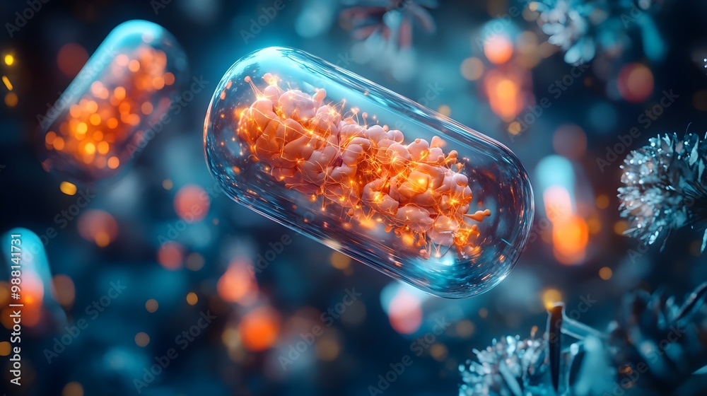 Floating medical capsules illuminated in vibrant blue and orange, with ...