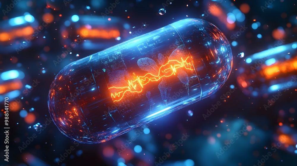 Floating medical capsules illuminated in vibrant blue and orange, with ...