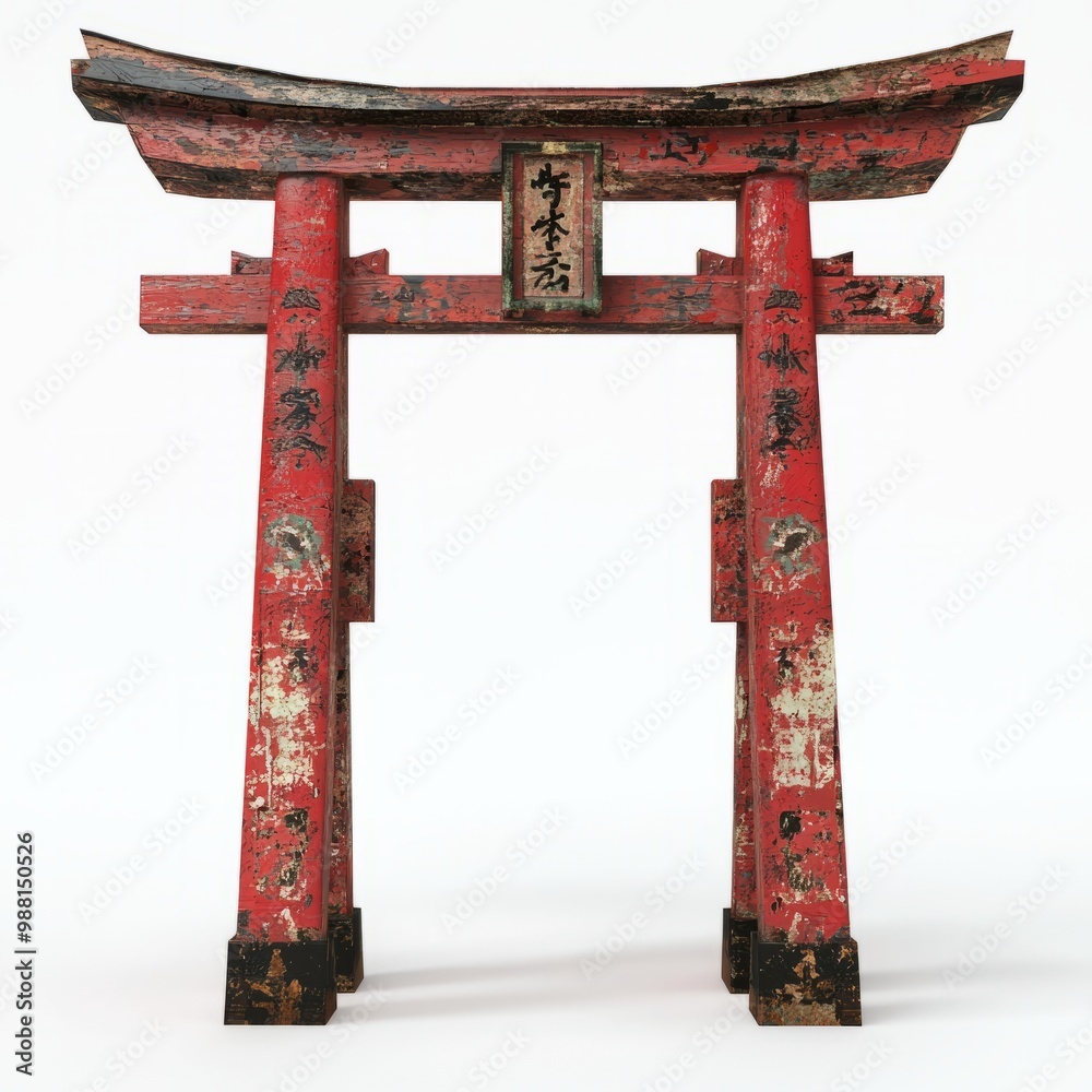3D Render of a Japanese temple gate (torii) with red pillars and ornate ...