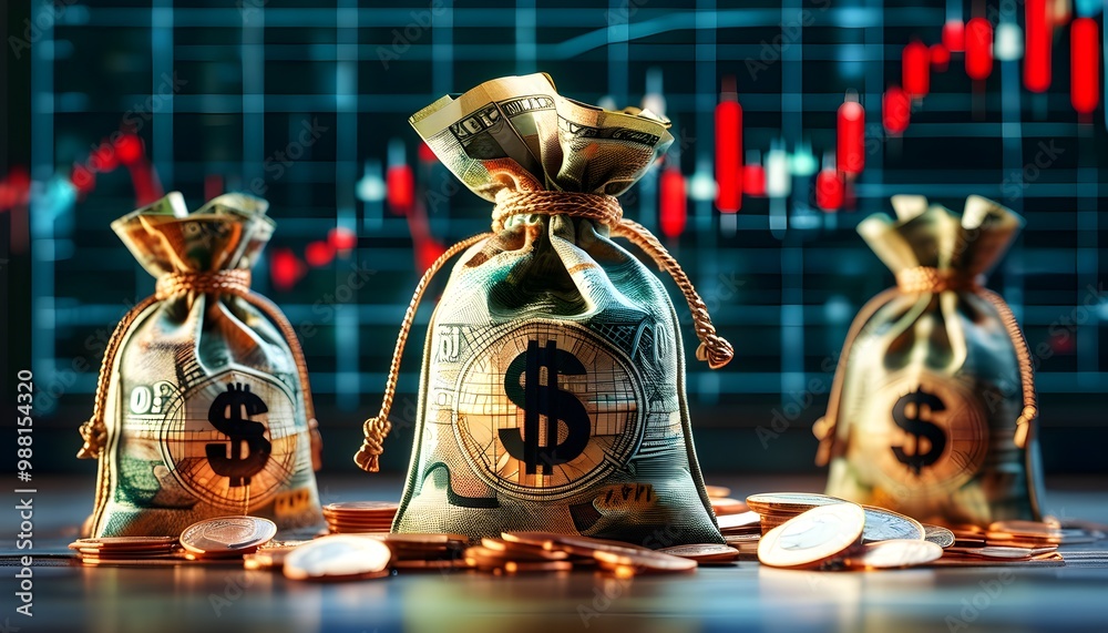 Financial distress illustrated by a money bag leaking banknotes with a ...