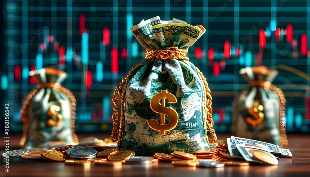 Financial distress illustrated by a money bag leaking banknotes with a ...