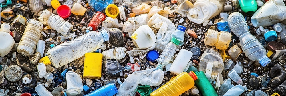 Plastic pollution, discarded bottles and containers, environmental ...