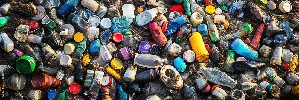Plastic pollution, discarded bottles and containers, environmental ...