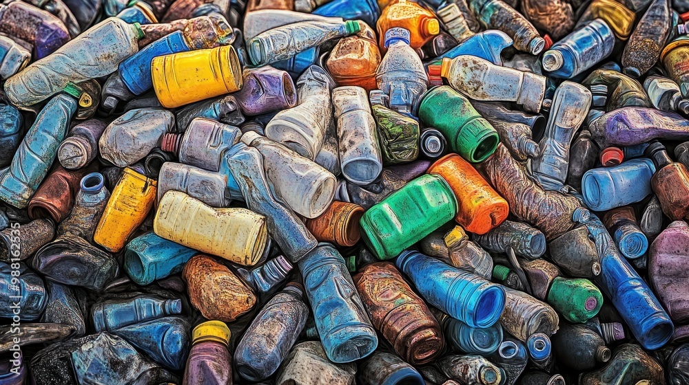 Plastic pollution, discarded bottles and containers, environmental ...