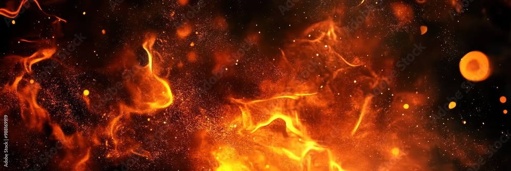 Fiery embers, glowing sparks, intense flames, dark night sky, burning ...