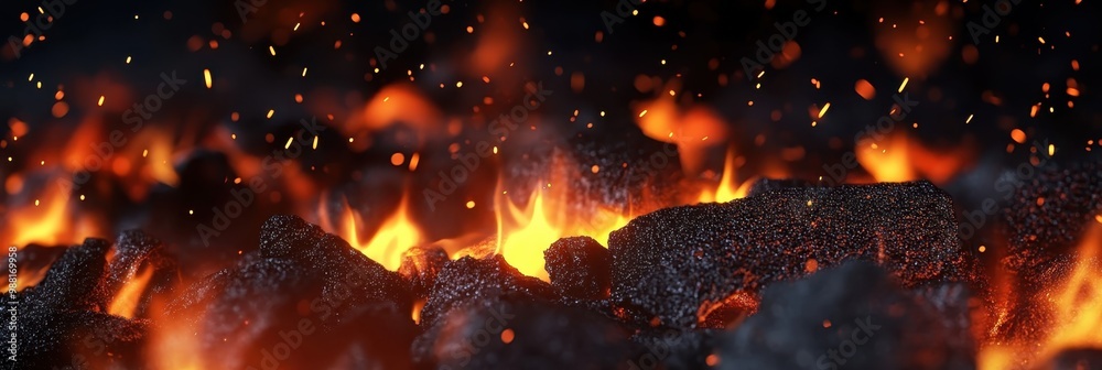 Fiery embers, glowing sparks, intense flames, dark night sky, burning ...