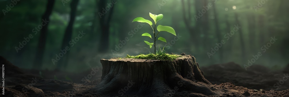 Forest rebirth, young sapling growing from tree stump, misty woodland ...