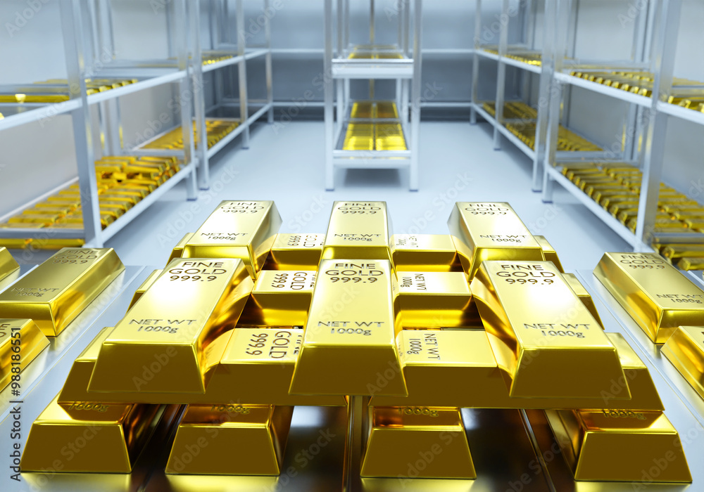 Warehouse with gold bars. Golden reserve stock. Pure gold is kept in ...