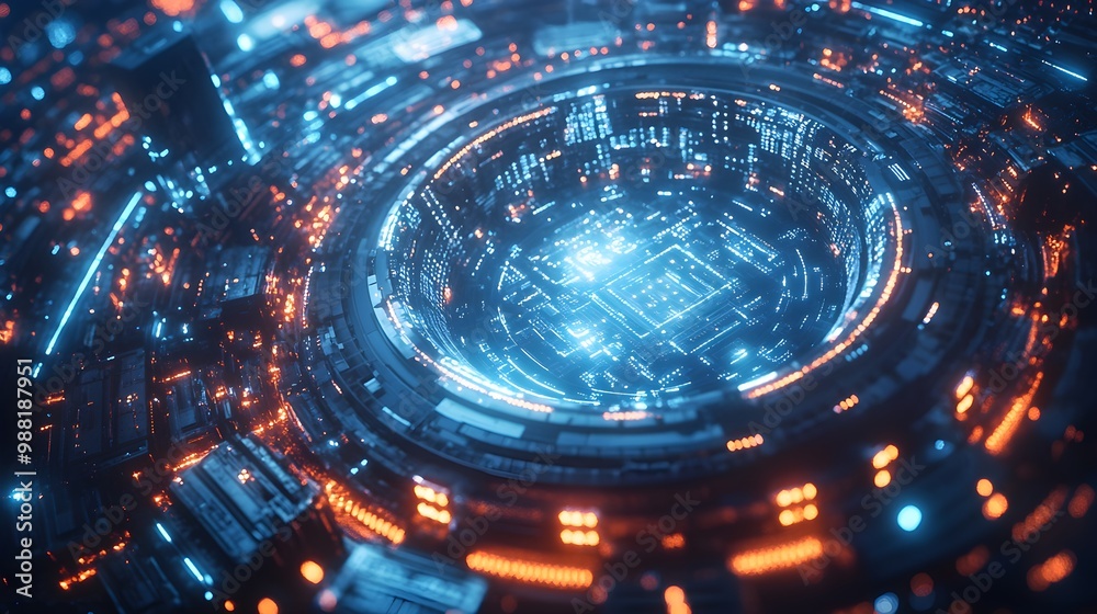 A circular server farm filled with glowing computer towers, connected ...