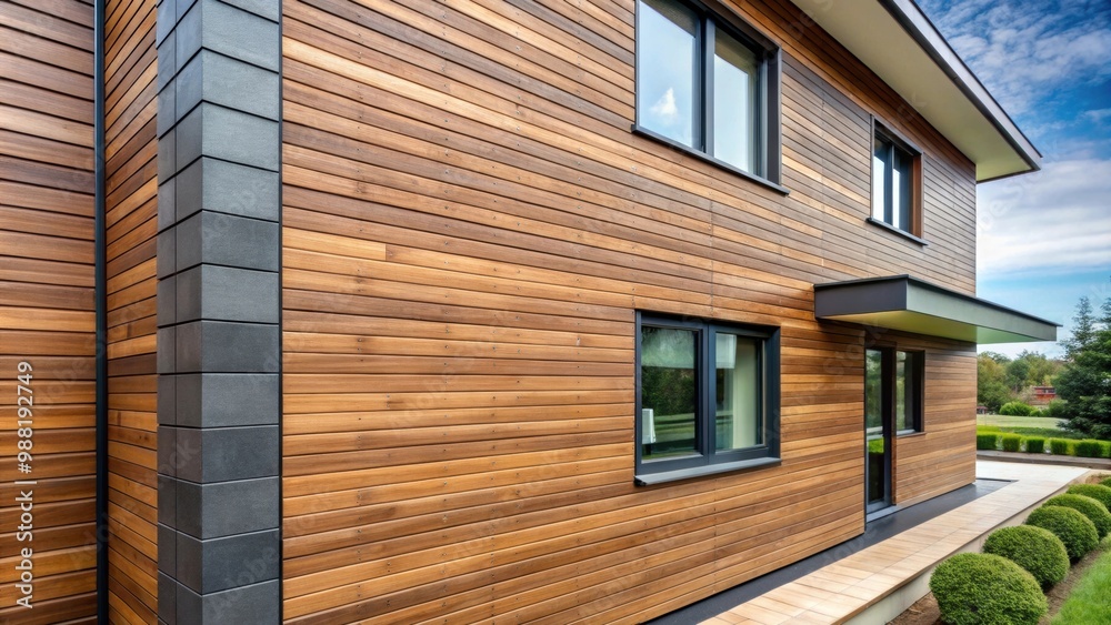 Wood texture composite cladding installation on house facade featuring ...