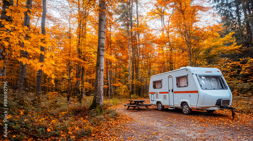 Travel trailer parked in forest wilderness nature in autumn or fall ...