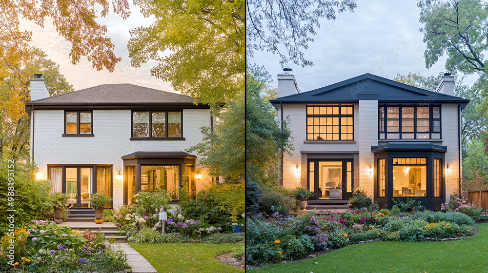 House renovation before and after repair comparison, exterior view ...