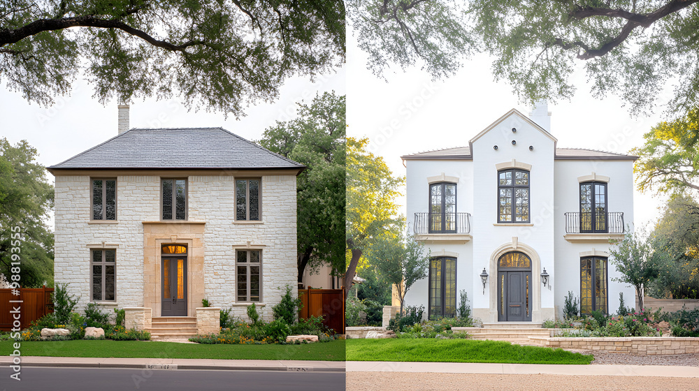 House renovation before and after repair comparison, exterior view ...