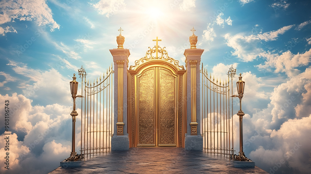 Ethereal shiny golden heaven gates or door in the heaven sky ...