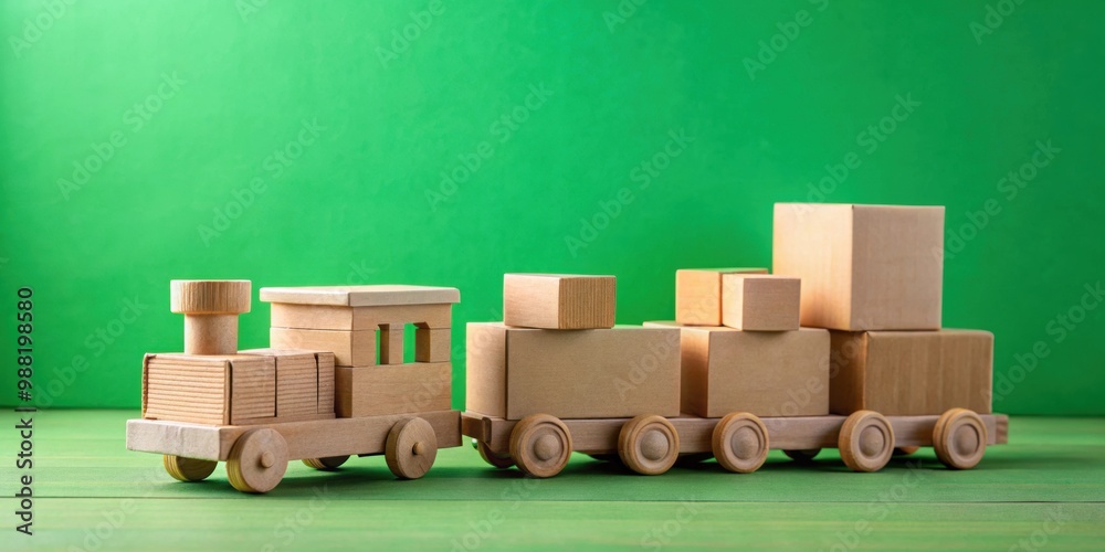 Wooden toy train carrying cardboard boxes on green background render ...