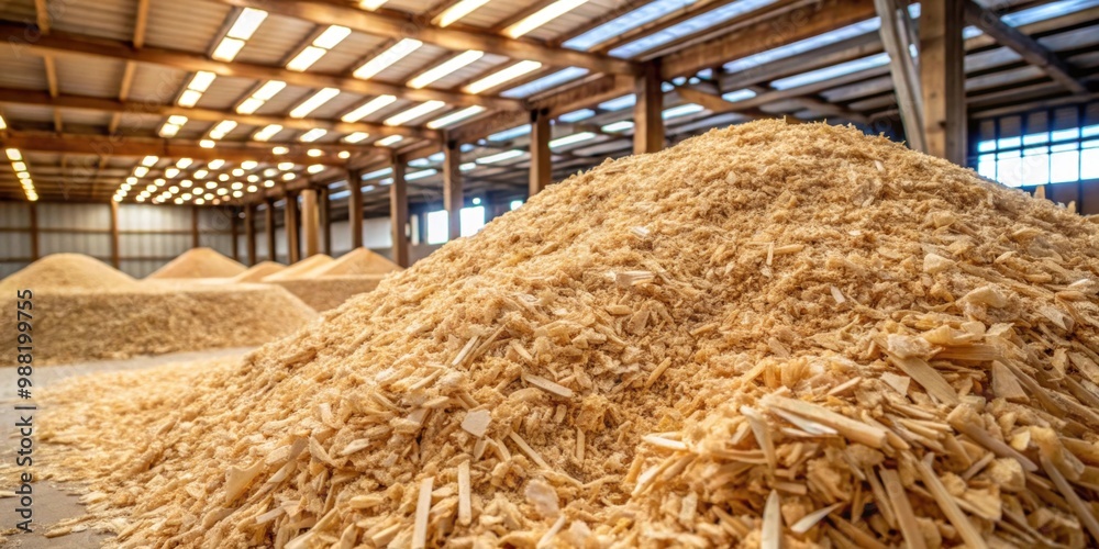 Pile of freshly sawed wood shavings in a lumber production facility ...