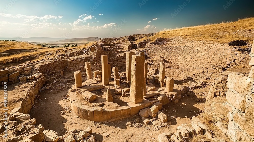 The historical site of Gobegli Tepe in Turkey, with its ancient megalithic structures and ...