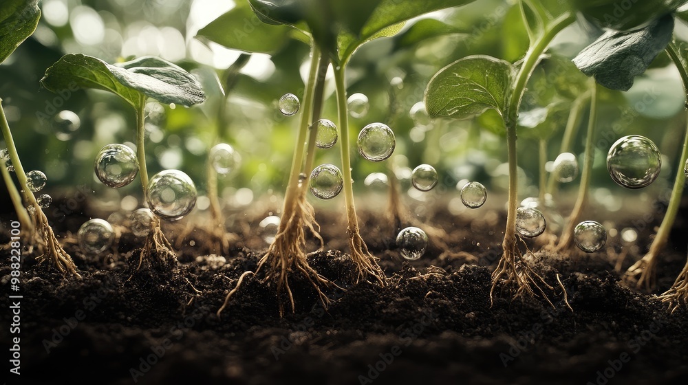 CO2 bubbles being absorbed by plant roots in soil, symbolizing the ...