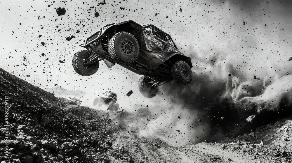 High contrast image of Dakar Rally buggy airborne, showcasing thrill ...