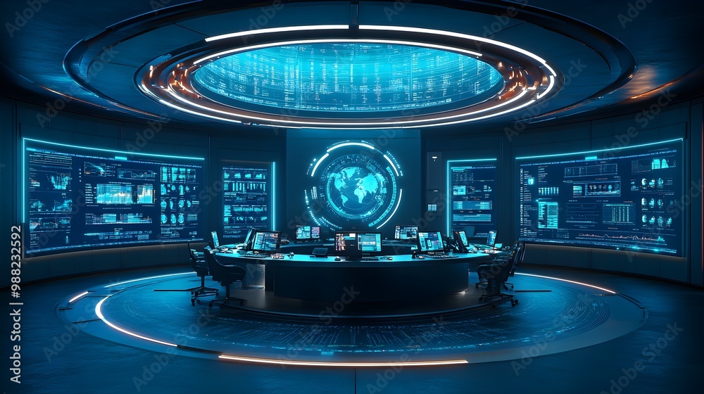 Circular control room bathed in neon blue light, screens displaying ...