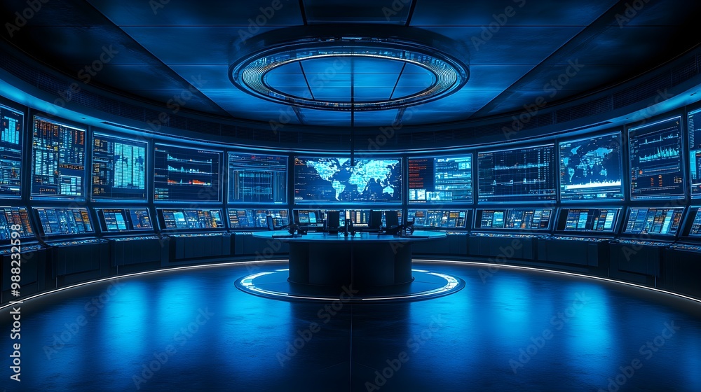 Circular control room bathed in neon blue light, screens displaying ...