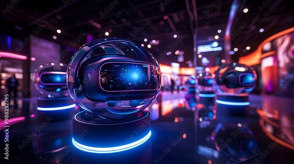 Circular exhibit of augmented reality headsets at a tech expo ...