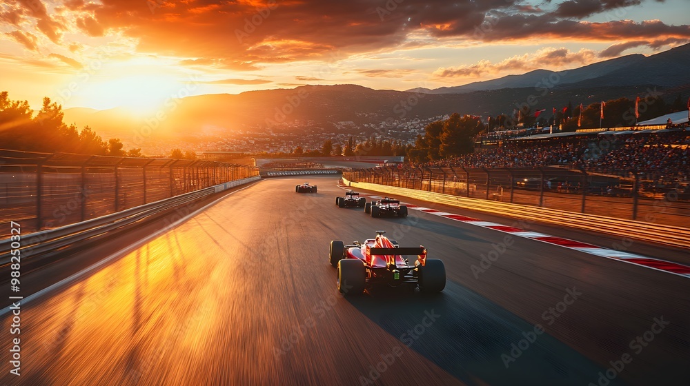 Formula 1 aerial perspective, cars racing under sunset skies, dramatic ...