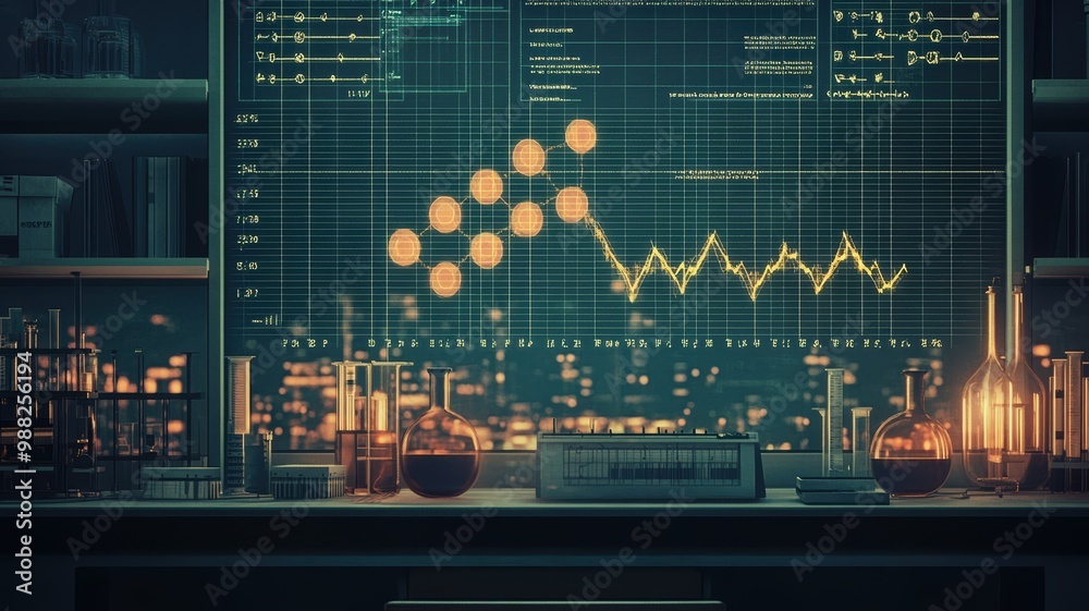 A modern laboratory scene showcasing data analysis with charts and ...