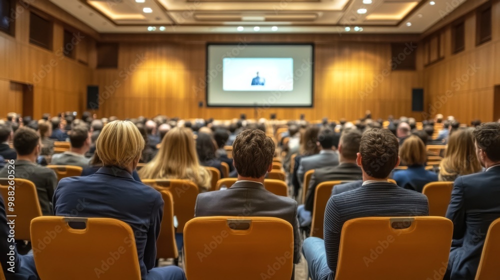 Large conference room rows orange chairs facing stage A global health ...
